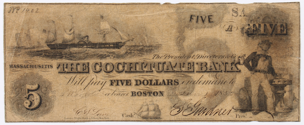 1850 $5 Five-Dollar "The Cohituate Bank" Civil War Bank Note | Pristine ...