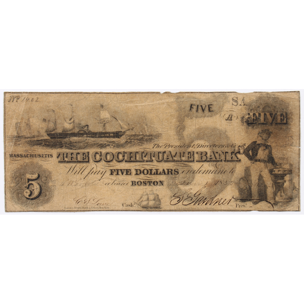 1850 $5 Five-Dollar "The Cohituate Bank" Civil War Bank Note | Pristine ...