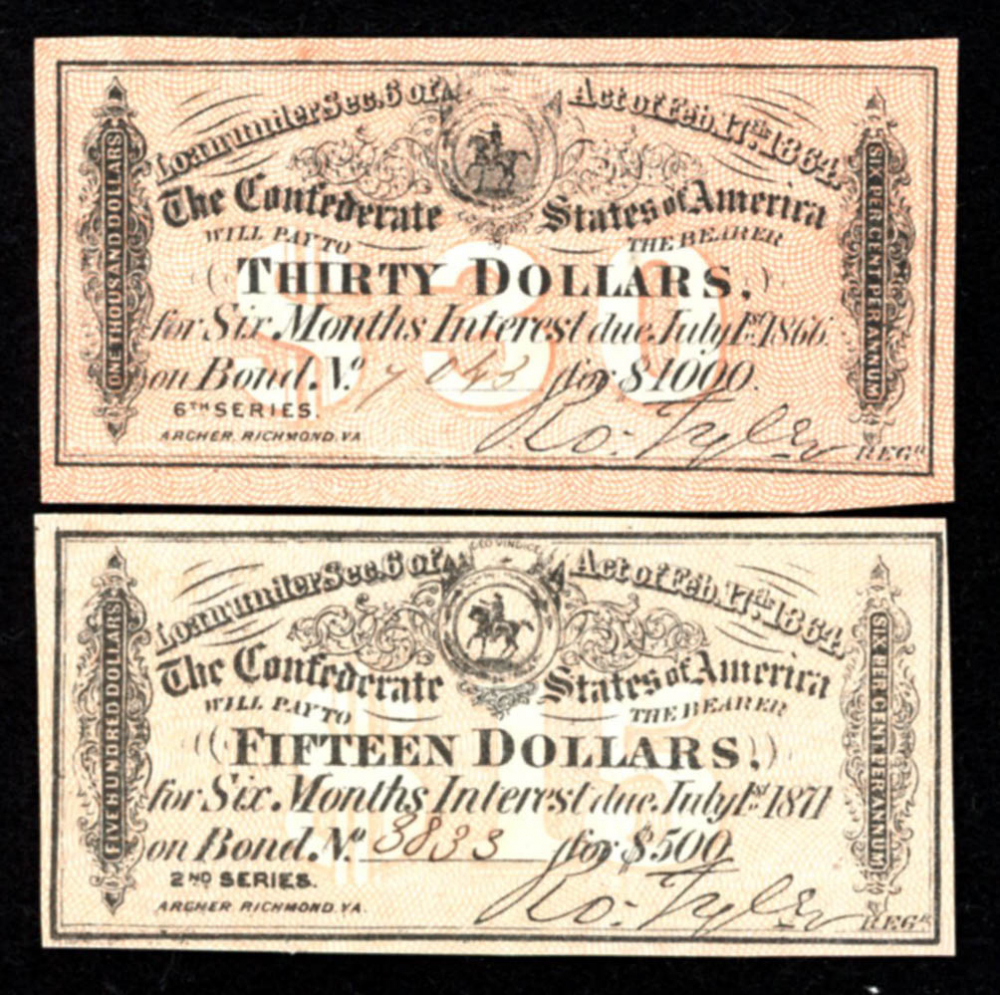 Lot of (2) Confederate States of America Richmond CSA Bank Note Bonds ...