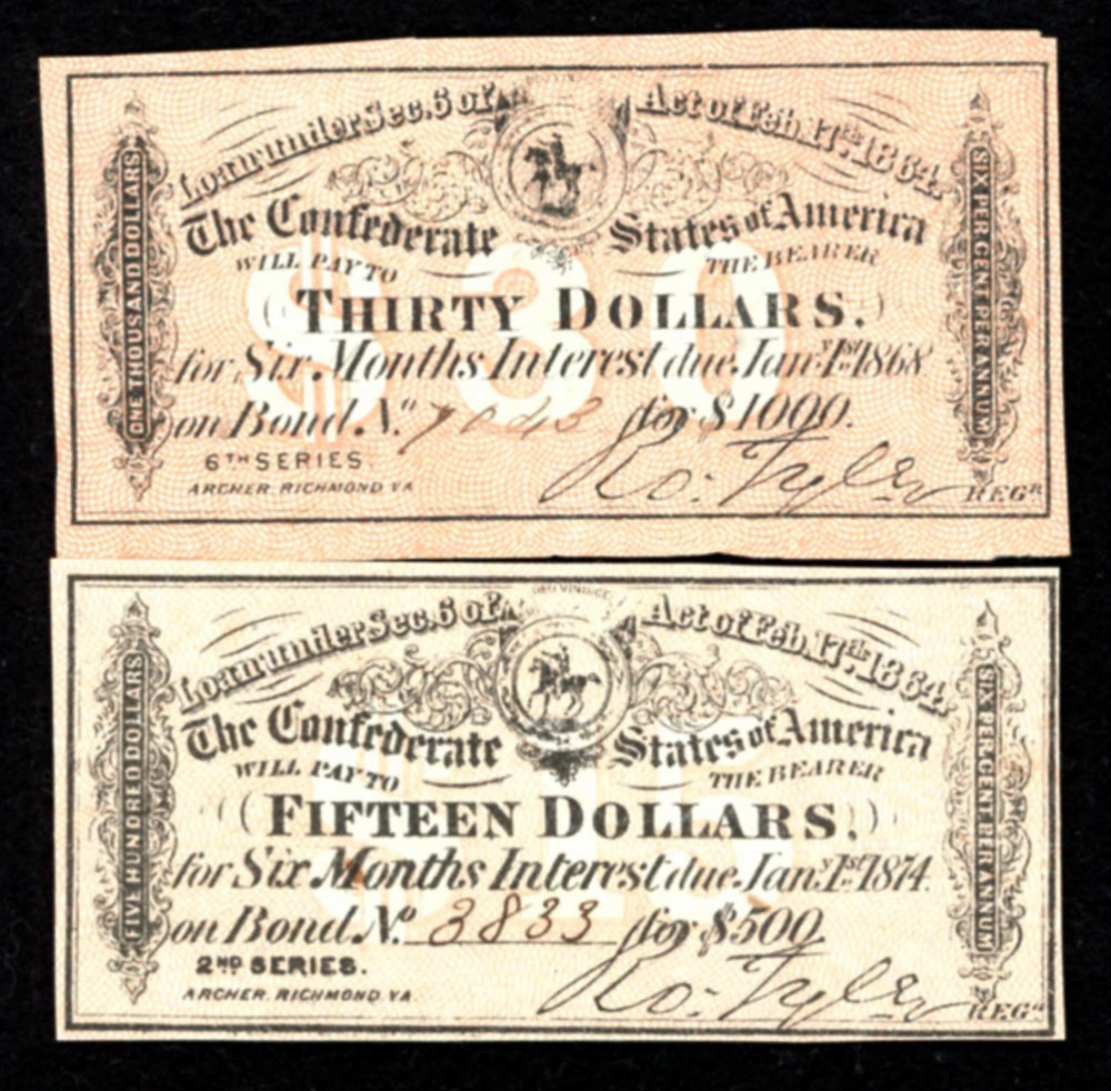 Lot of (2) Confederate States of America Richmond CSA Bank Note Bonds ...