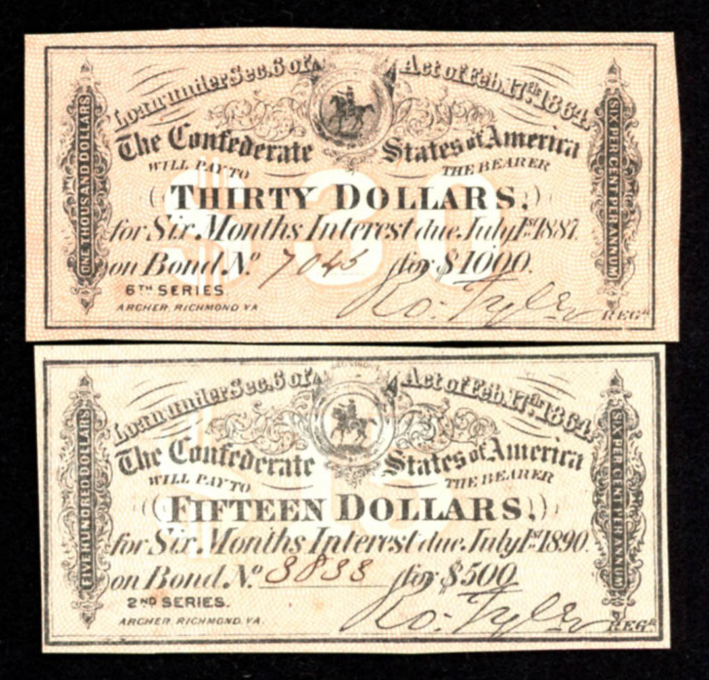 Lot of (2) Confederate States of America Richmond CSA Bank Note Bonds ...