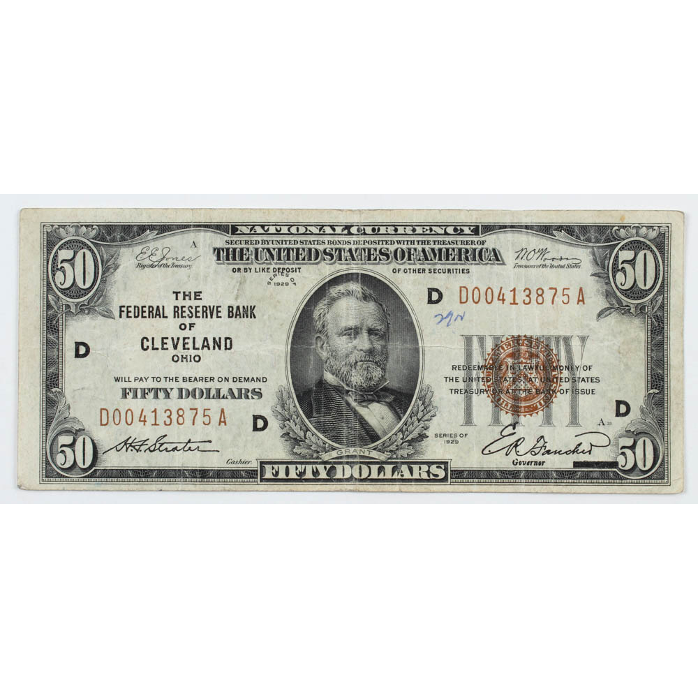 1929 $50 Fifty-Dollars U.S. National Currency Bank Note with Brown Seal ...