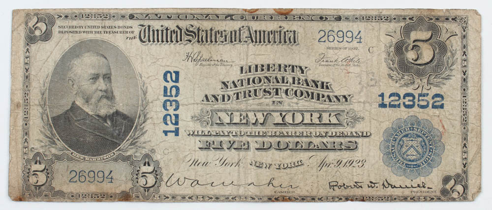 1902 $5 Five-Dollar U.S. National Currency Large-Size Bank Note ...