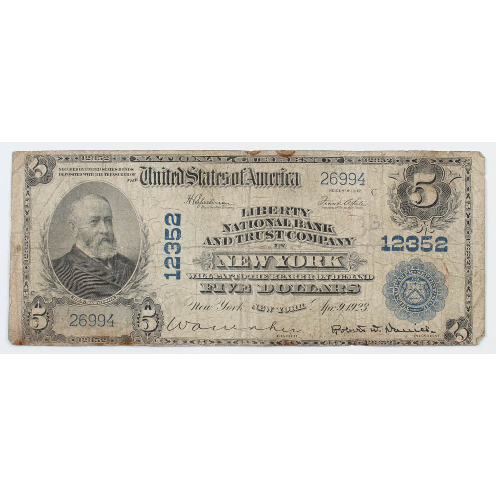 1902 $5 Five-Dollar U.S. National Currency Large-Size Bank Note ...