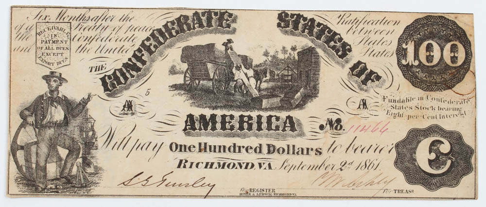 1861 $100 One-Hundred Dollar Confederate States of America Richmond CSA ...