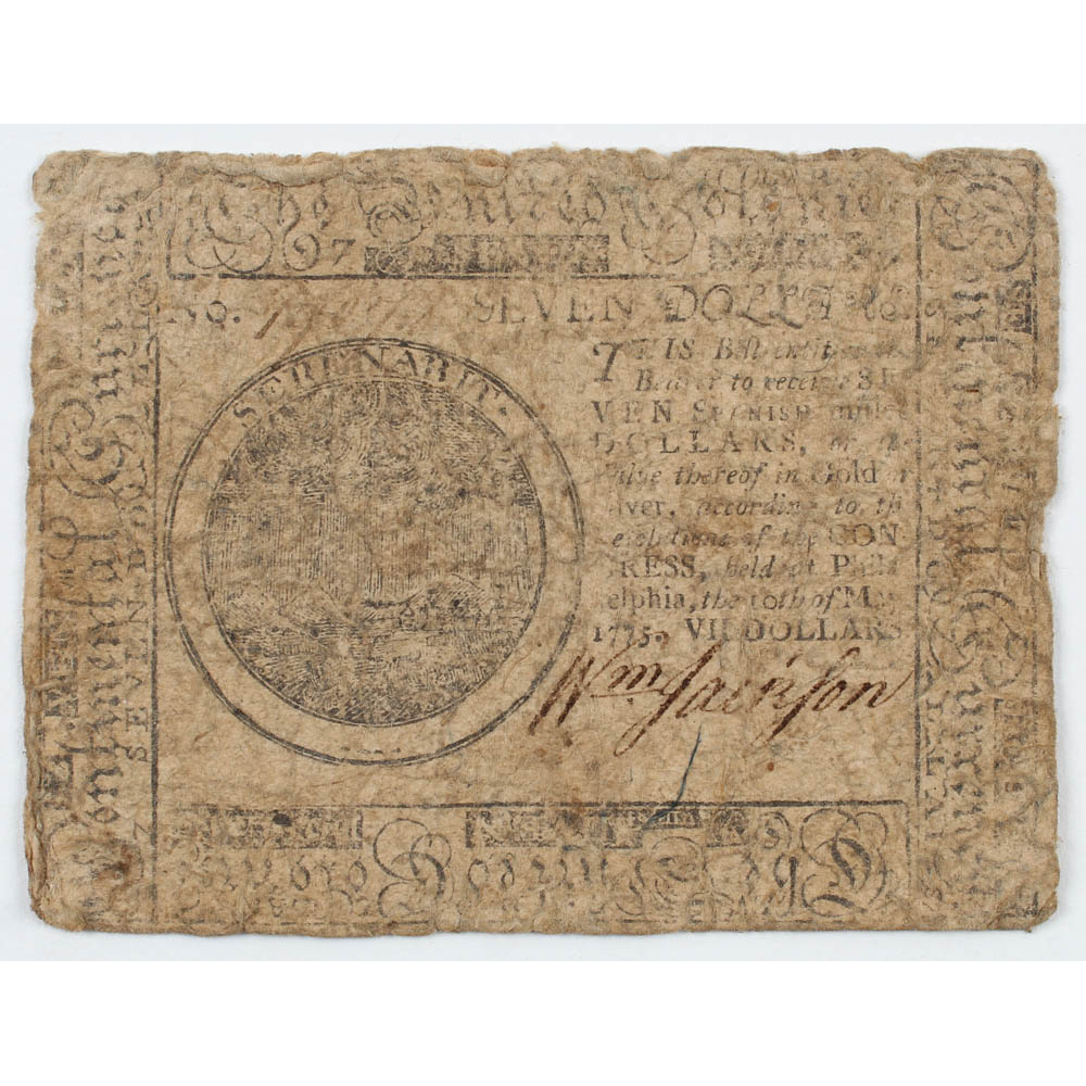 1775 $7 Seven Dollars - Continental - Colonial Currency Note | Pristine ...