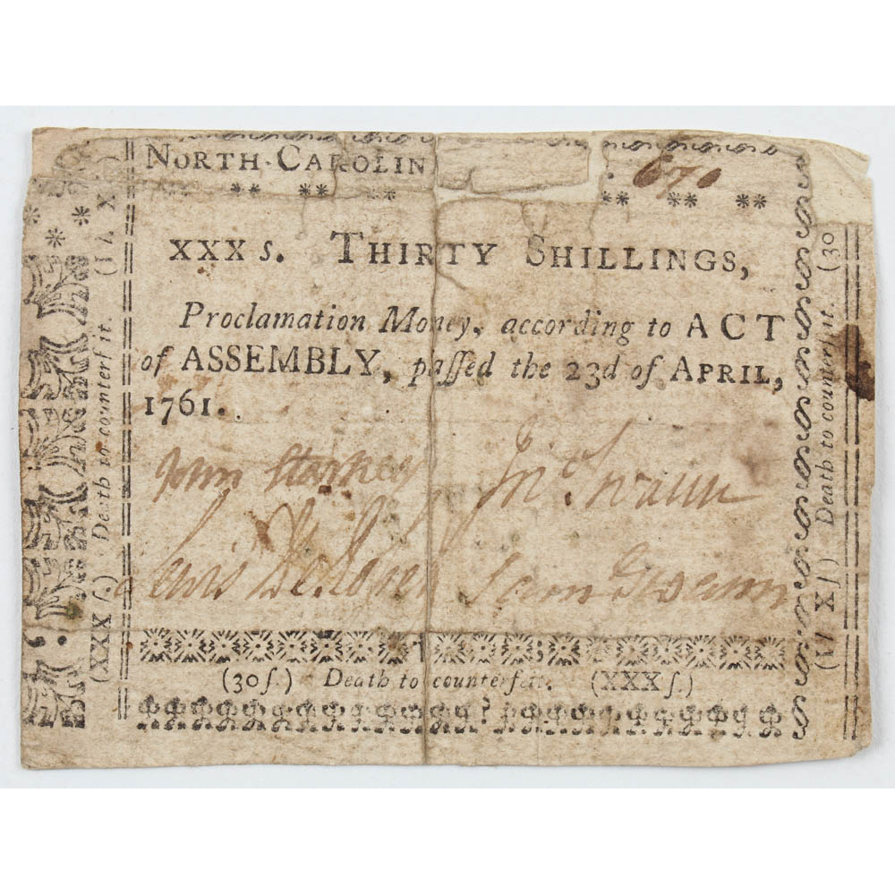 1761 30s. Thirty Shillings - North Carolina - Colonial Currency Note ...