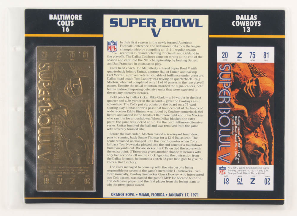 Super Bowl V Commemorative Score Card with 22kt Gold Ticket | Pristine ...
