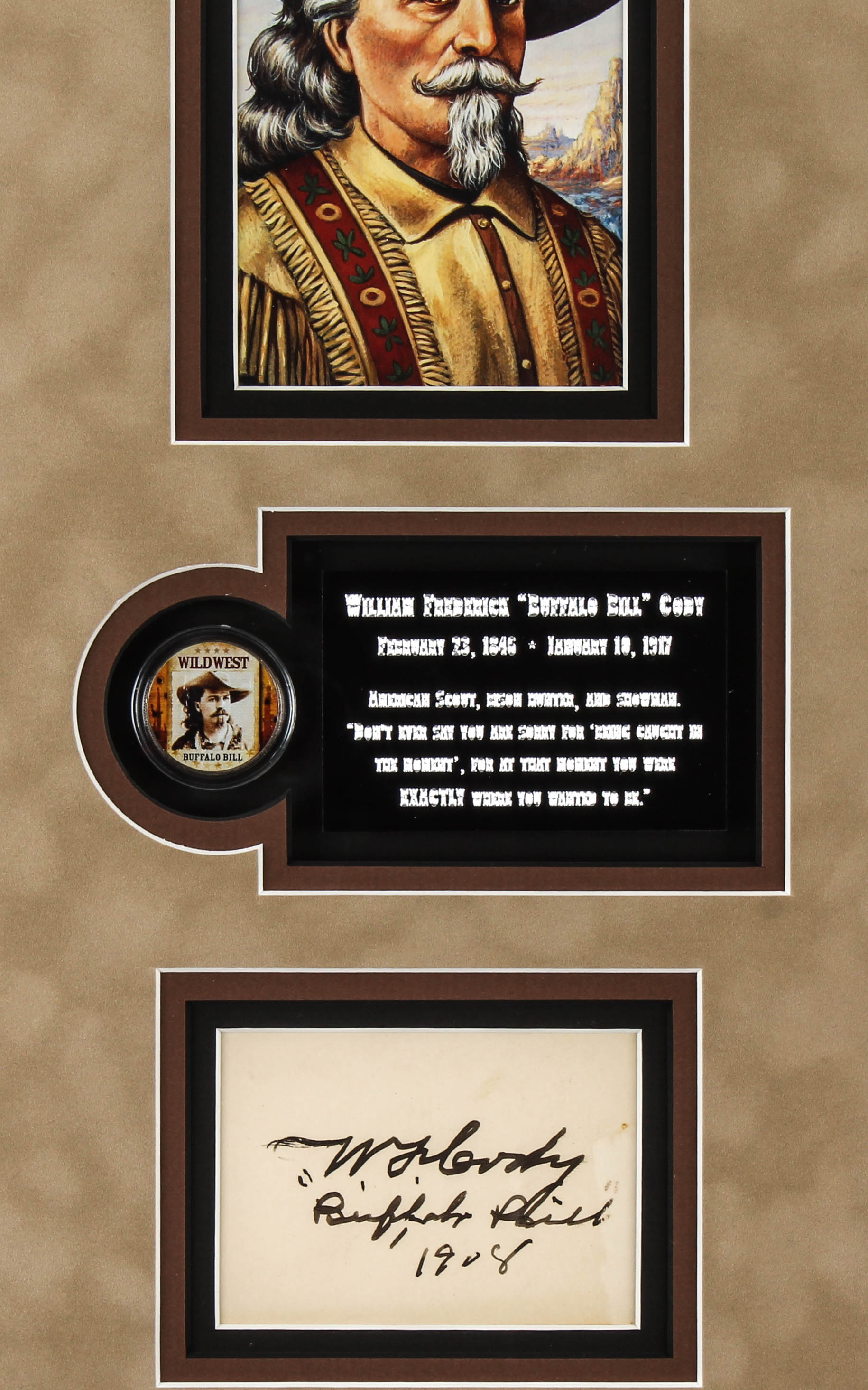 Buffalo Bill Signed 22.5x22.5 Custom Framed Cut Display Inscribed "1908 ...