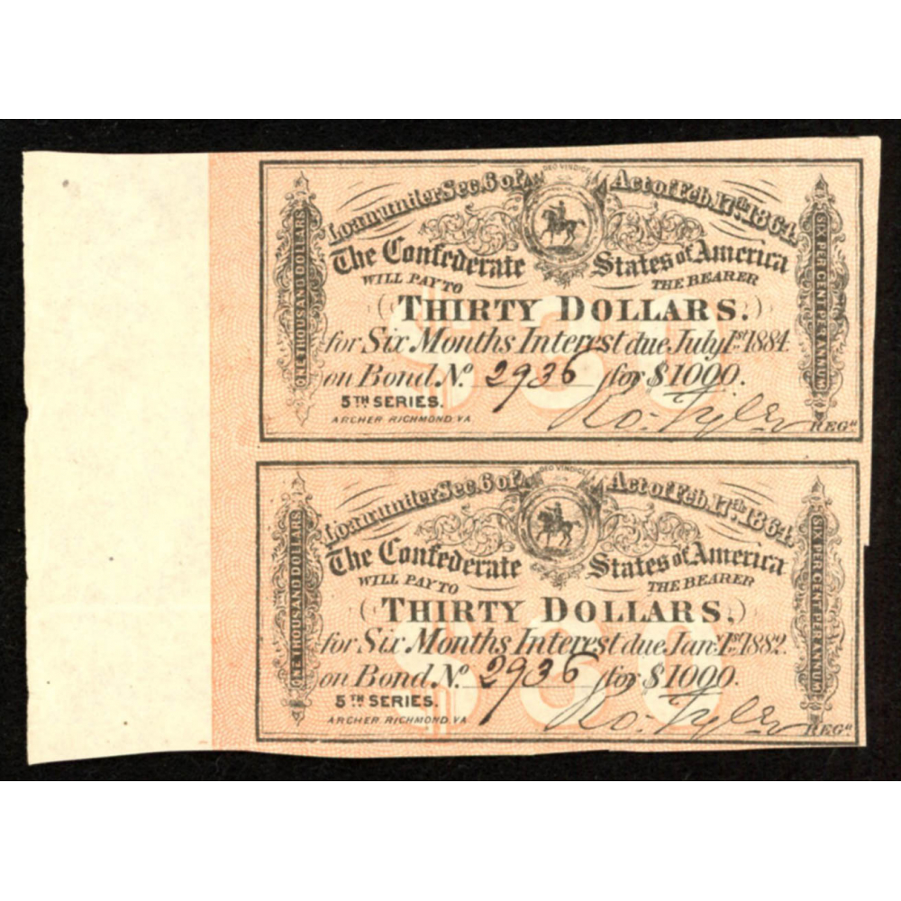 Lot of (2) Uncut 1864 $30 Thirty Dollar Confederate States of America ...