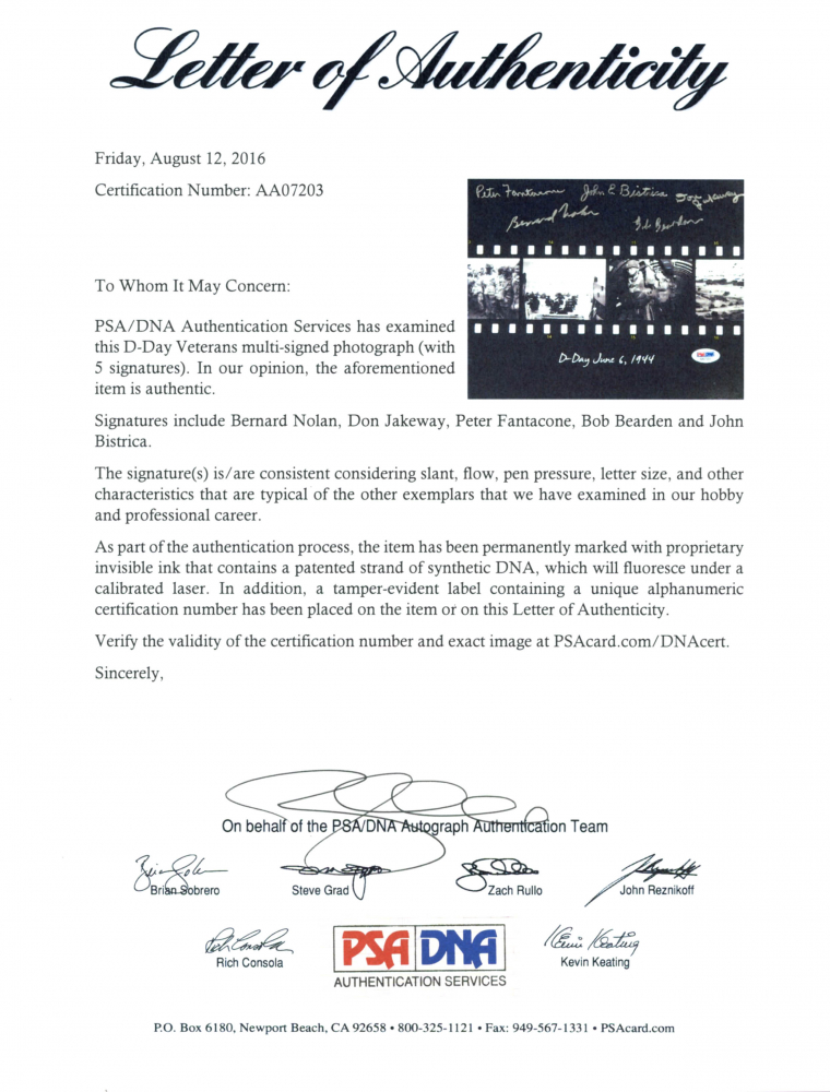 D-Day 8x10 Photo Signed by (5) with Bernard Nolan, Don Jakeway, Peter ...