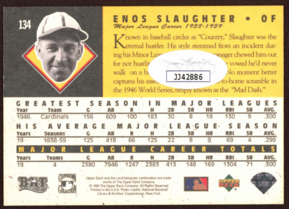 Enos Slaughter Signed 1994 Upper Deck All-Time Heroes #134 (JSA COA ...