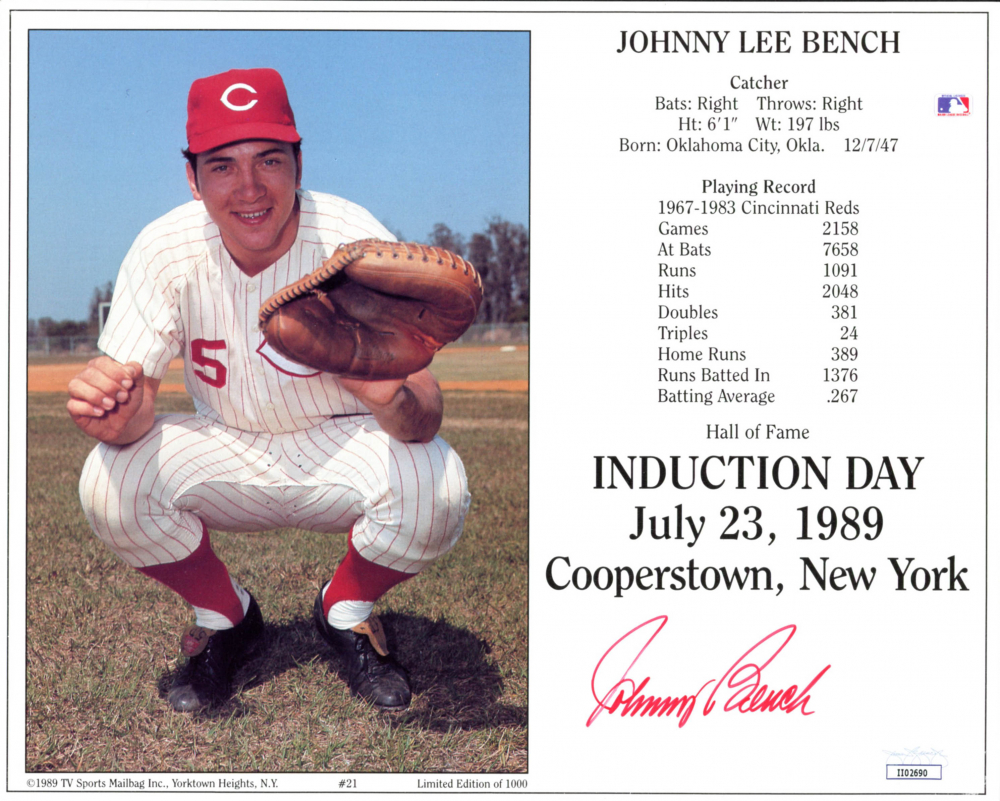 Johnny Bench Signed Reds 8x10 Induction Day Stat Card (JSA COA ...
