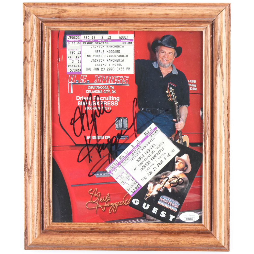 Merle Haggard Signed 10x12 Custom Framed Display with (2) Concert ...