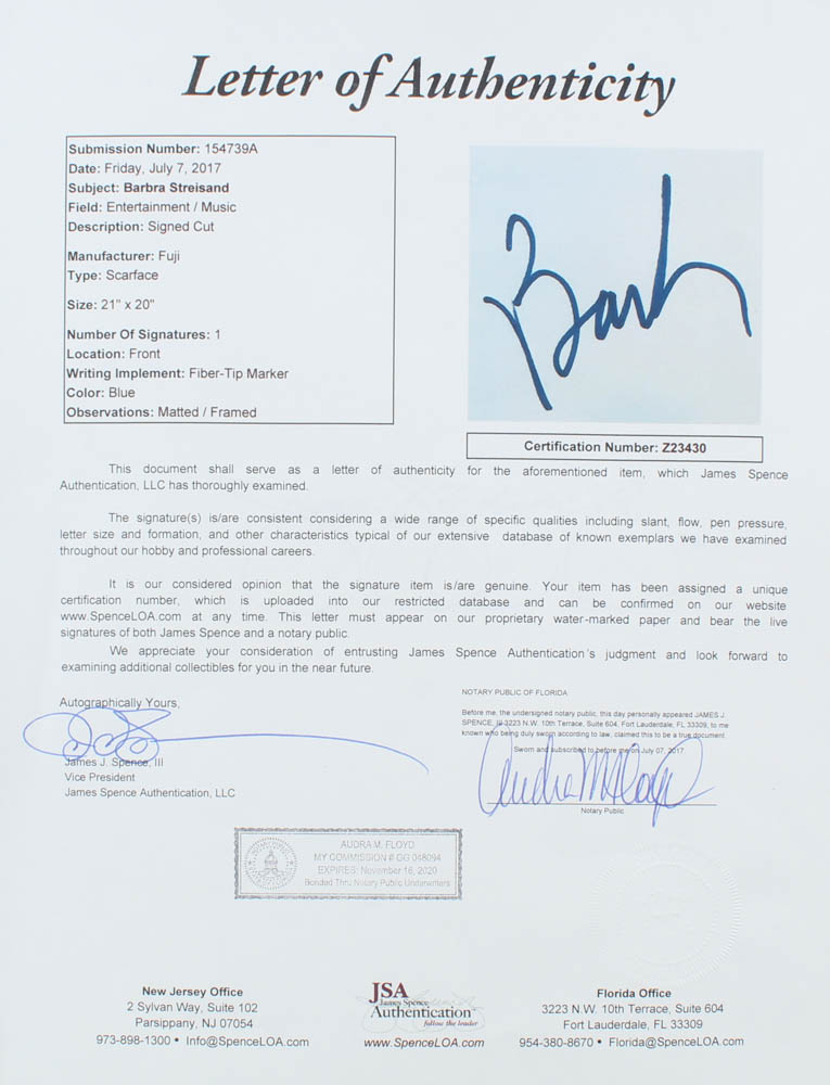 Barbra Streisand Signed 20x22 Custom Framed Cut Display (JSA LOA ...