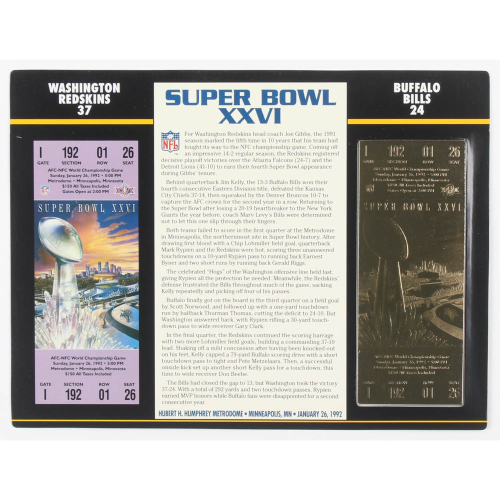 Super Bowl Xxvi Commemorative Score Card With 22kt Gold Ticket 