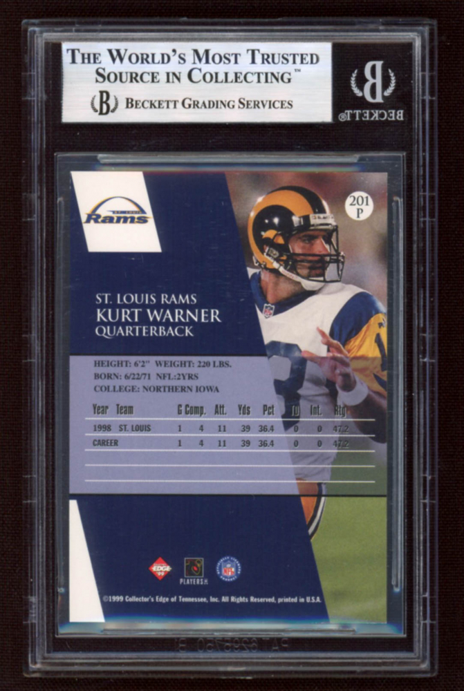 Kurt Warner Signed 1999 Collector's Edge First Place #201PS Promo Silver (BGS Encapsulated ...