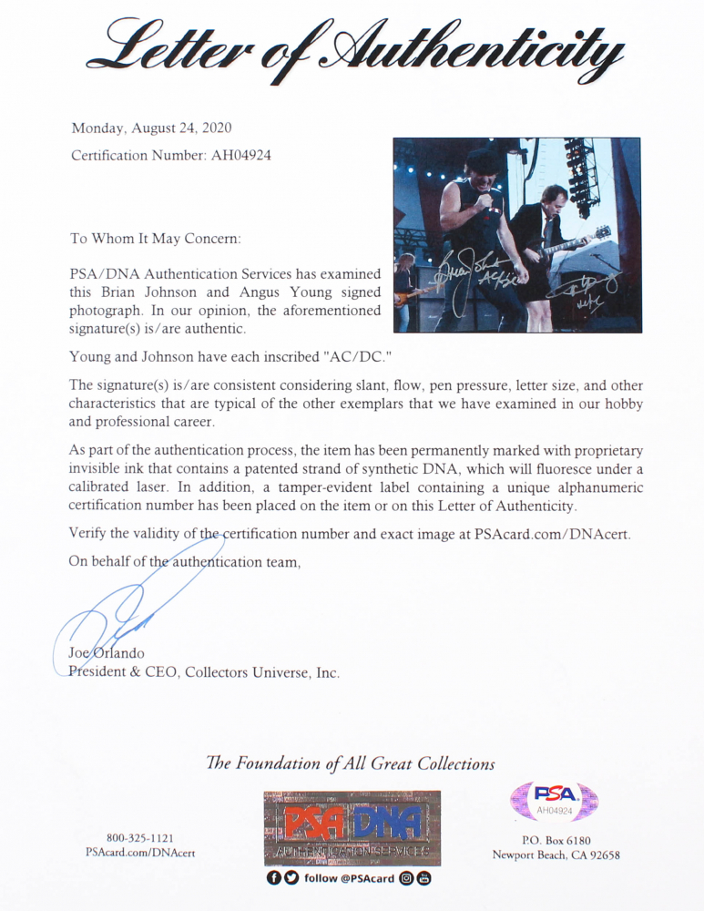 Angus Young & Brian Johnson Signed AC/DC 8x10 Photo Inscribed "AC/DC ...