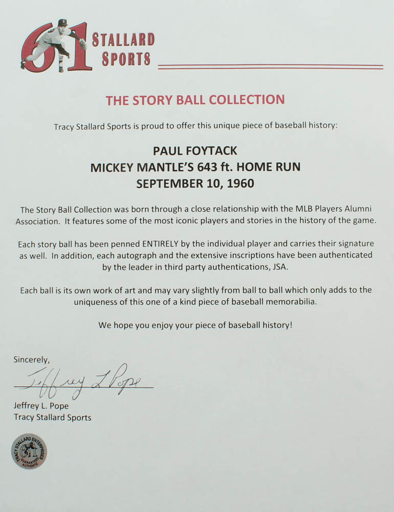 Paul Foytack - Hand Written & Signed Story OML Baseball - "Mickey ...