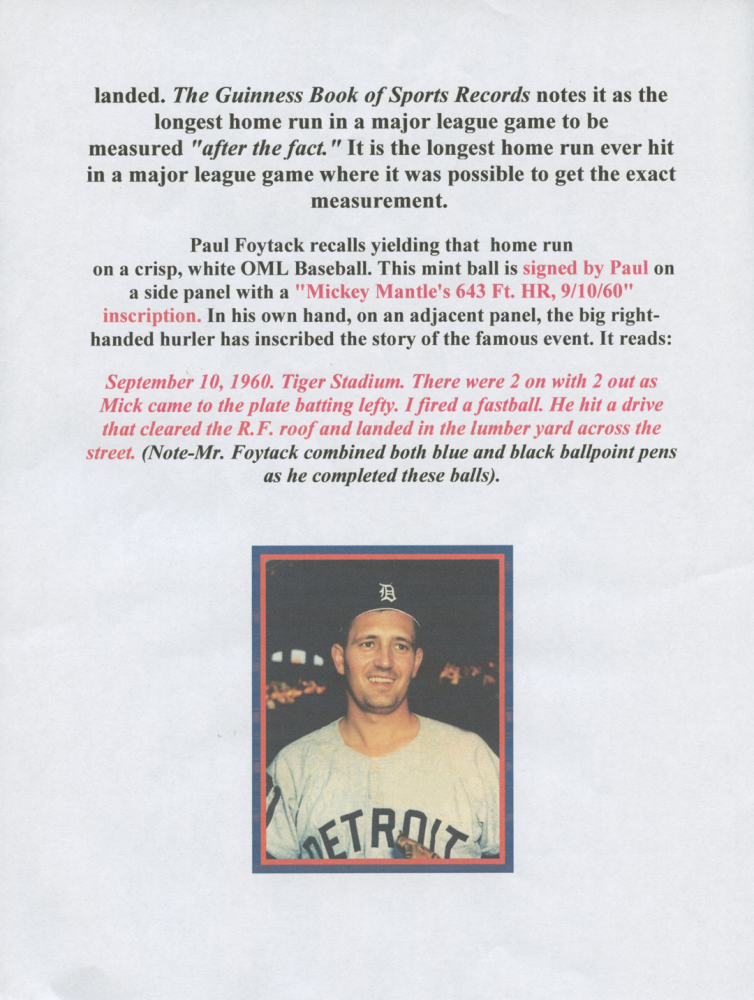 Paul Foytack - Hand Written & Signed Story OML Baseball - "Mickey ...