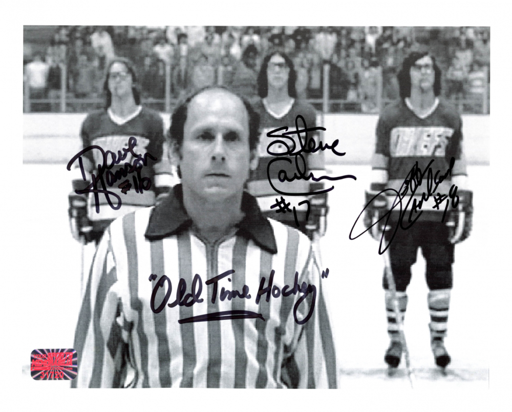 David Hanson, Jeff Carlson, & Steve Carlson Signed "Slapshot" 8x10 Photo Inscribed "Old Time ...