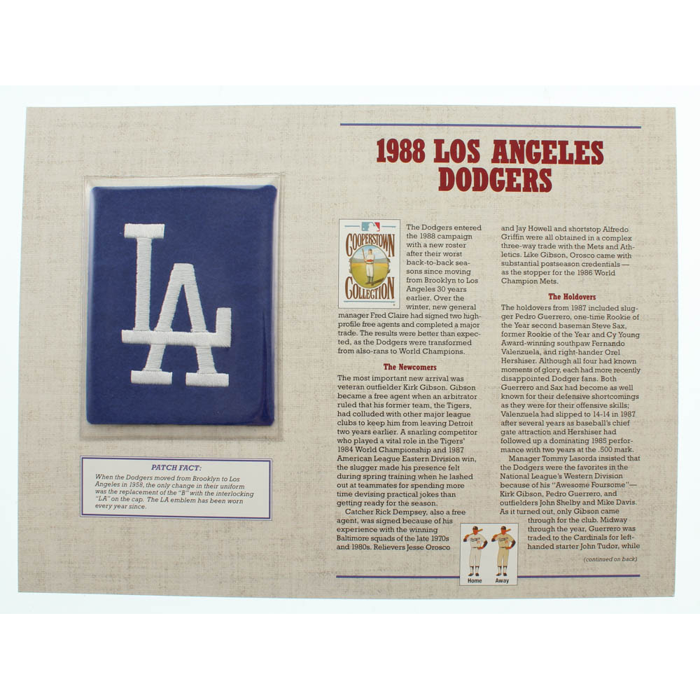 1988 Los Angeles Dodgers Commemorative 9x12 Highlight Card with Patch ...