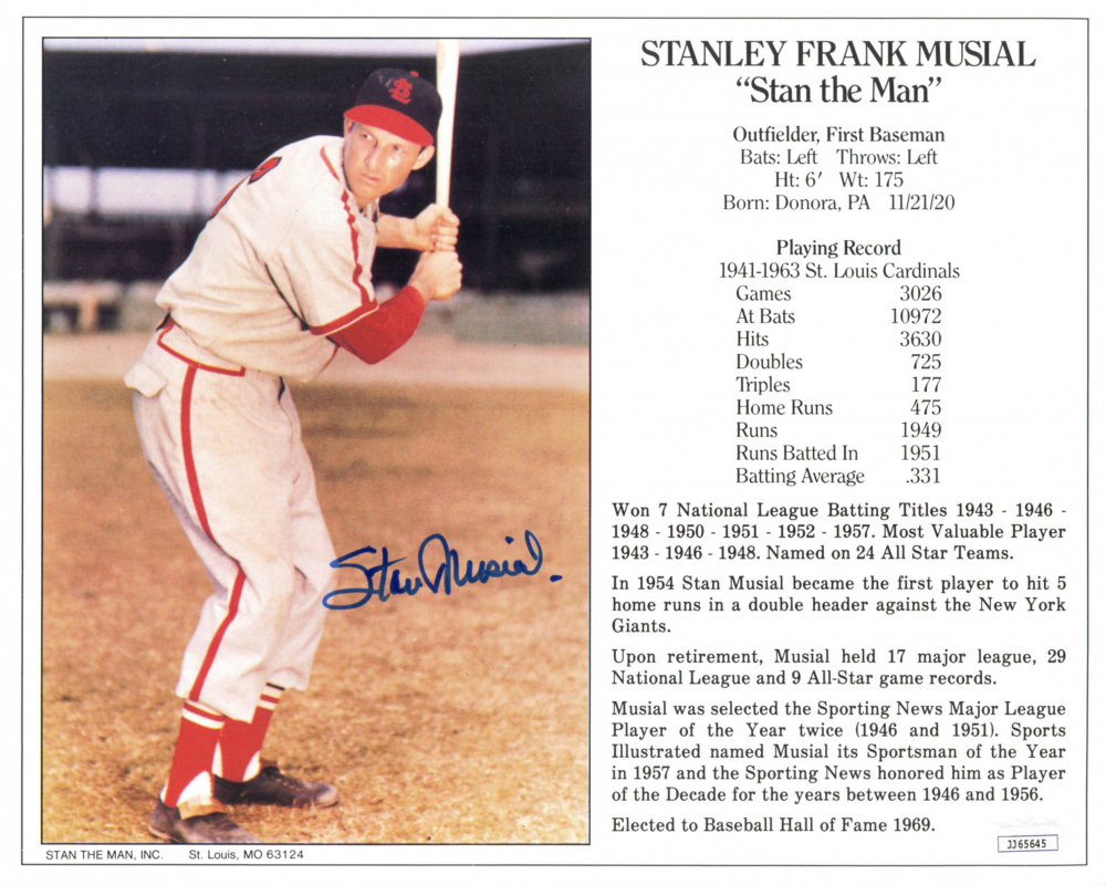 Stan Musial Signed Cardinals 8x10 Career Highlight Stat Card (JSA COA ...