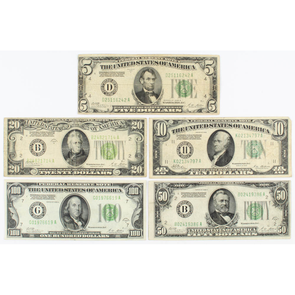 Lot of (5) 1928 U.S. Federal Reserve Notes with $100, $50, $20, $10 ...