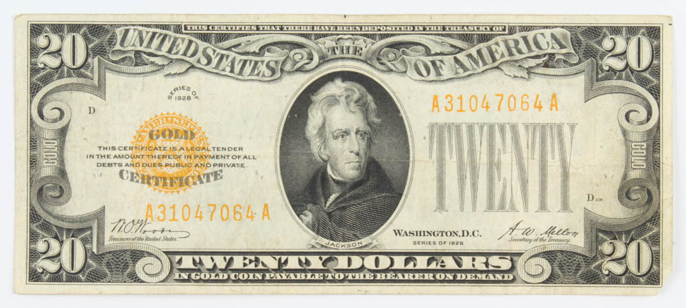 1928 $20 Twenty-Dollar U.S. Gold Certificate Bank Note | Pristine Auction