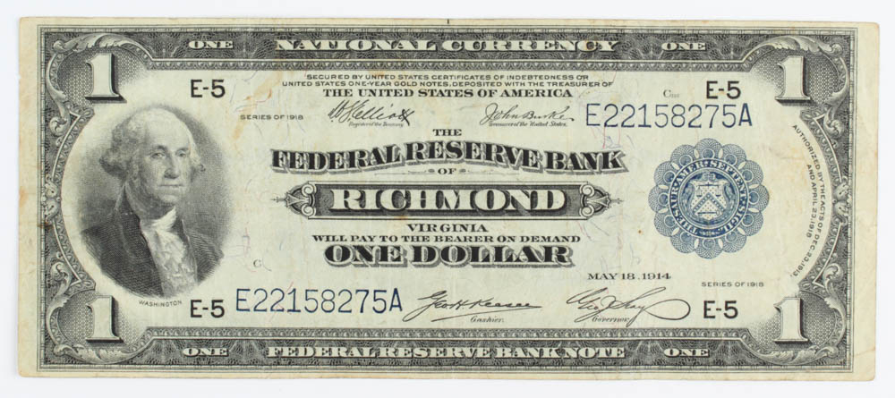 1918 $1 One-Dollar U.S. National Currency Large-Size Bank Note - The ...