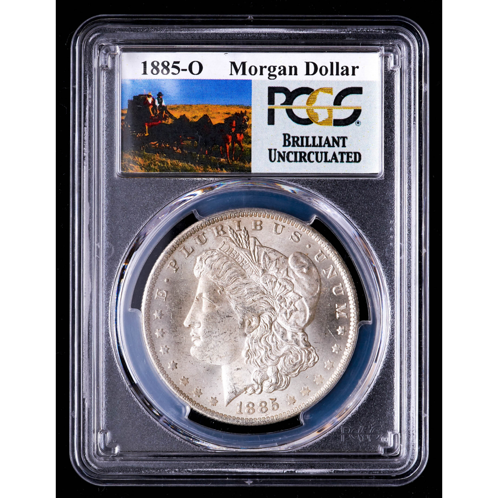 1885-O Morgan Silver Dollar - Stage Coach Label (PCGS Brilliant Uncirculated) | Pristine Auction