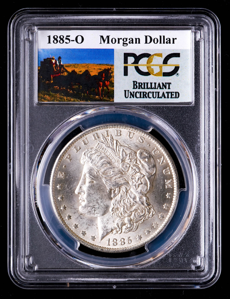 1885-O Morgan Silver Dollar - Stage Coach Label (PCGS Brilliant Uncirculated) | Pristine Auction