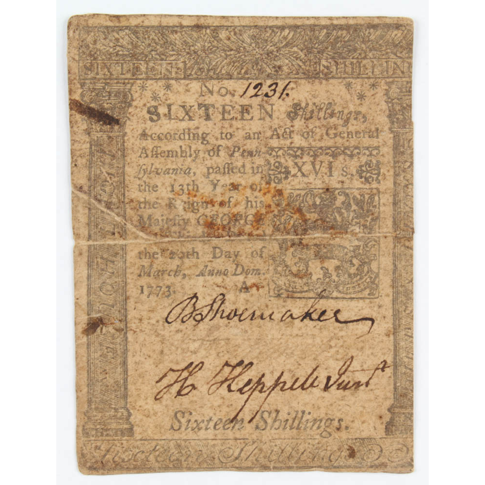1773 16s. Sixteen Shillings - Pennsylvania - Colonial Currency Note ...