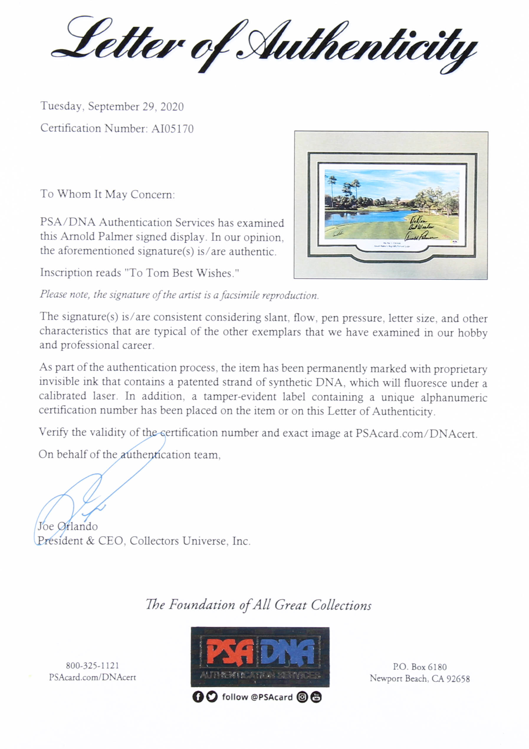 Arnold Palmer Signed "The Par 3, 17th Arnold Palmer's Hole Bay Hill ...