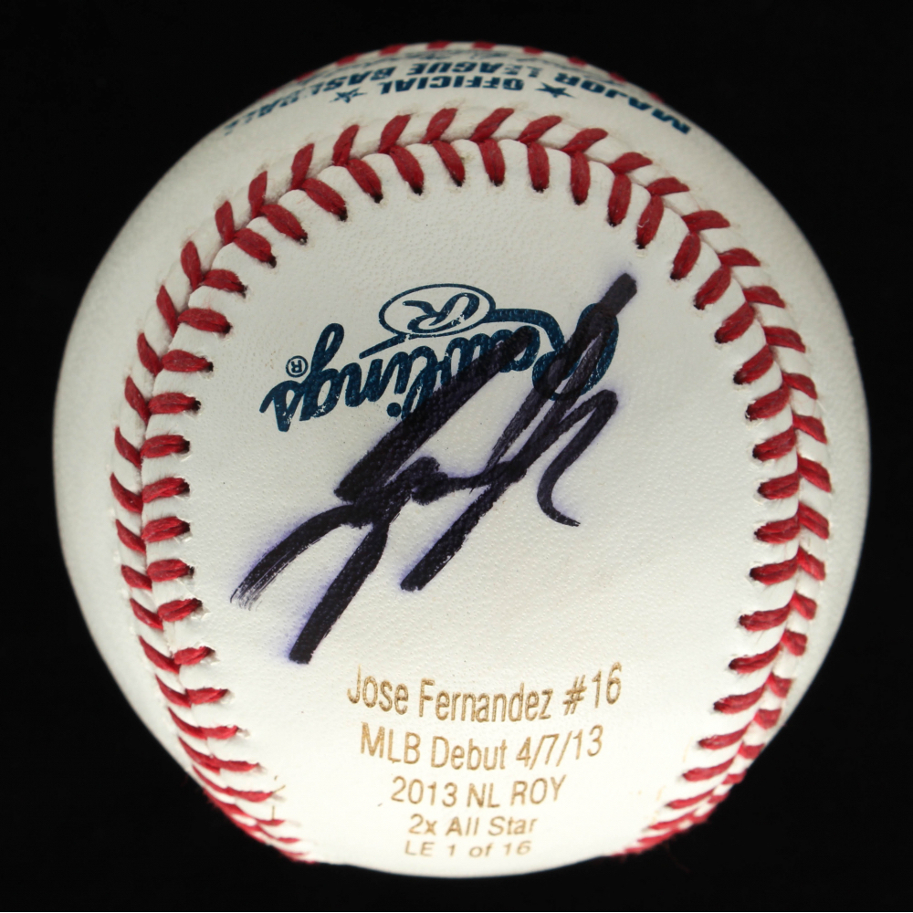 Jose Fernandez Signed OML Career Stat Engraved Baseball (JSA COA ...