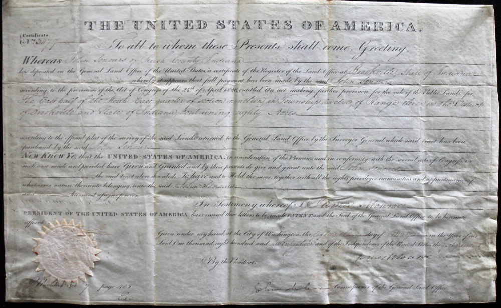 James Monroe Signed 1823 Land Grant Document (Beckett LOA) | Pristine ...