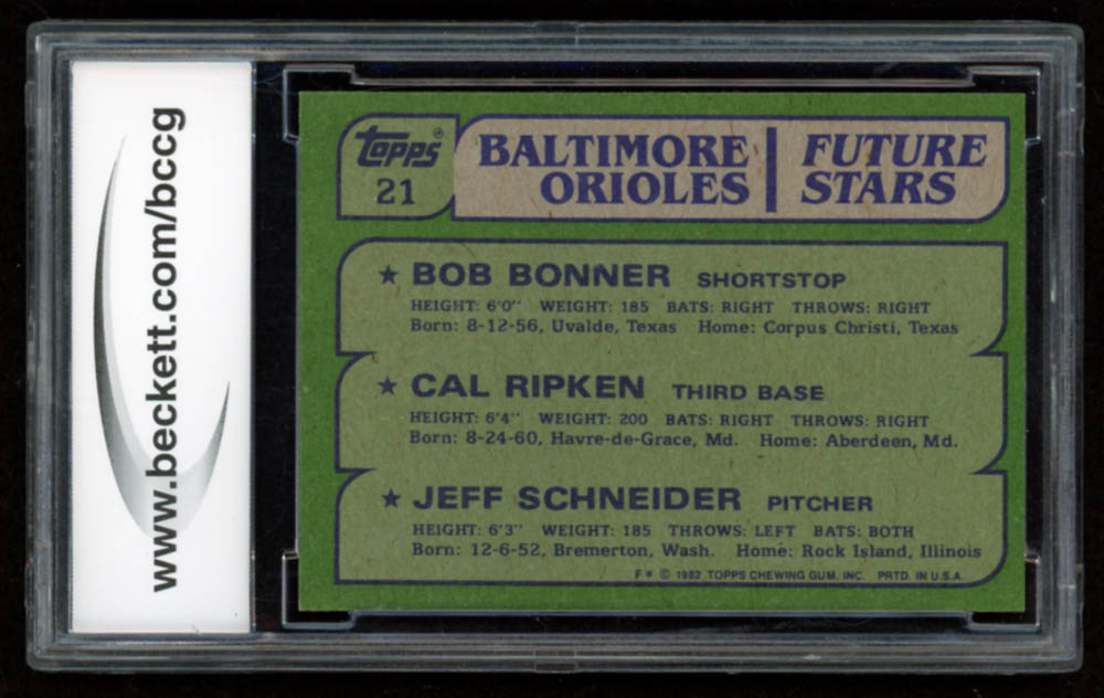 1982 Topps #21 Bob Bonner RC / Cal Ripken RC / Jeff Schneider RC (BCCG ...