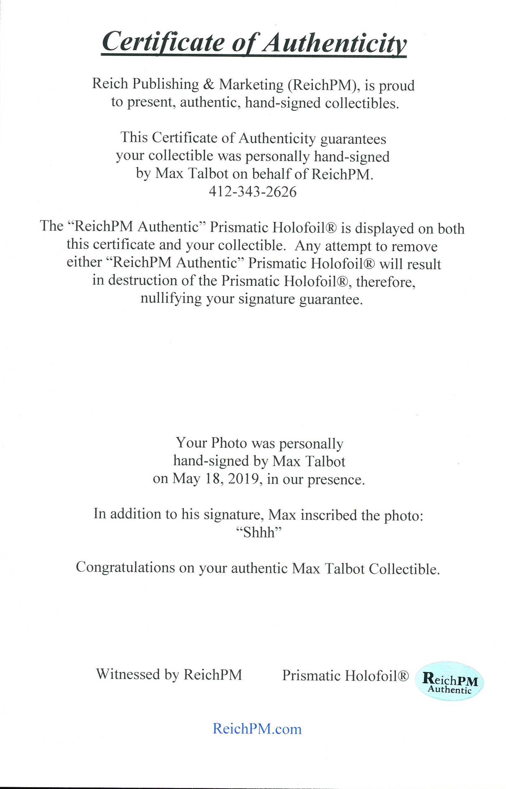 Max Talbot Signed Penguins 8x10 Photo Inscribed "Shhh" (ReichPM COA ...