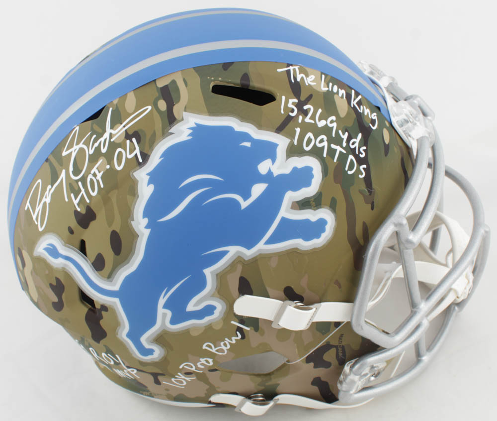 Barry Sanders Signed Lions Full-Size Camo Alternate Speed Helmet with ...