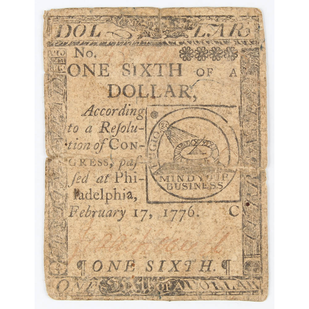 1778 $1/6 One Sixth-of-a-Dollar - Continental - Colonial Currency Note ...