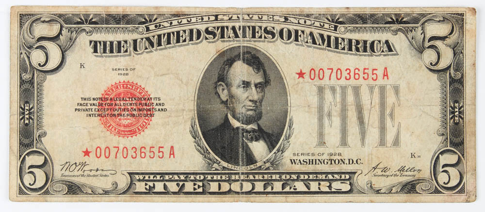 Star Note - 1928 $5 Five-Dollar Red Seal U.S. Legal Tender Bank Note ...