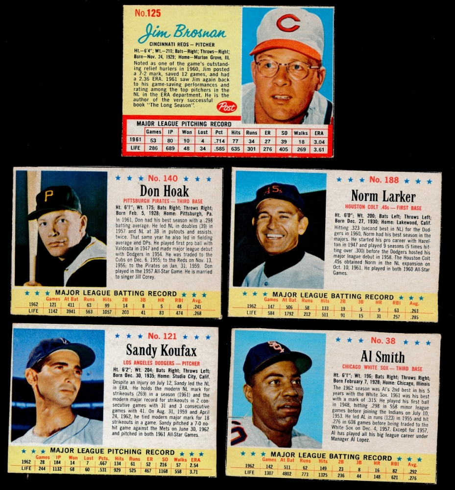 Lot of (5) 1962 & 1963 Post Baseball Cards with Sandy Koufax, Jim ...