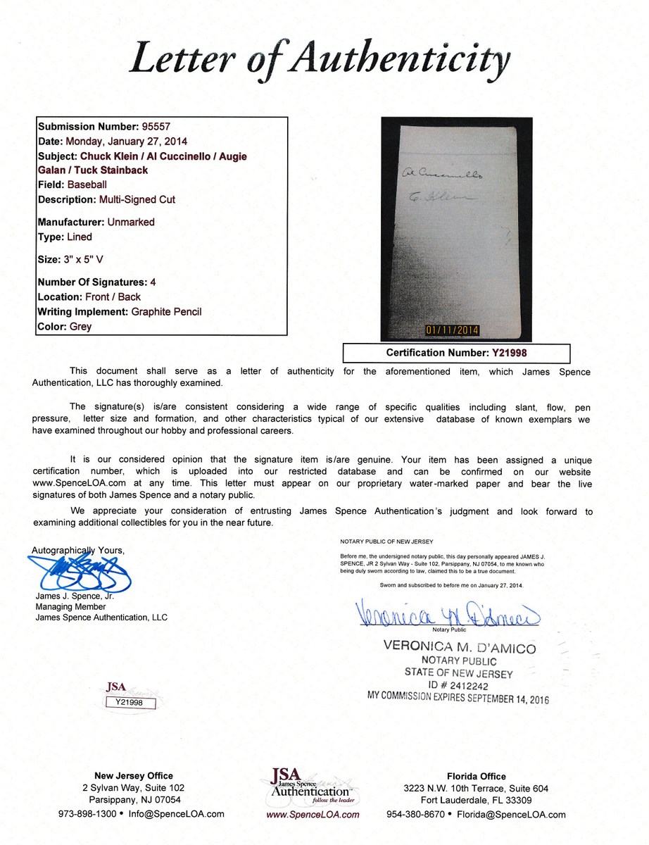 Chuck Klein, Al Cuccinello, Augie Galan and Tuck Stainback 3x5 Cut ...