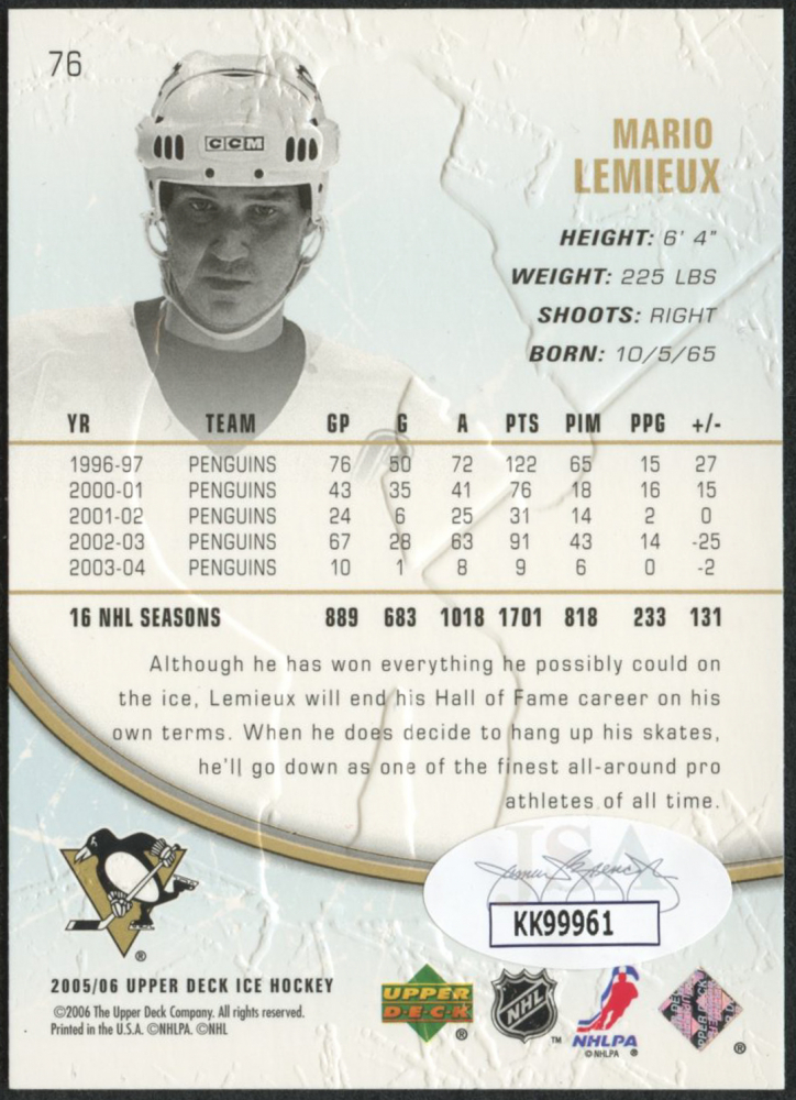 Mario Lemieux Signed 2005-06 Upper Deck Ice #76 (JSA COA)} | Pristine ...