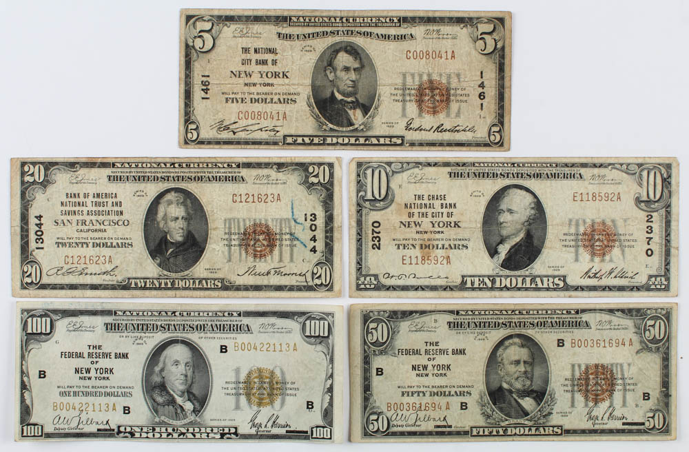 Lot of (5) 1929 U.S. National Currency Bank Notes with $100, $50, $20 ...