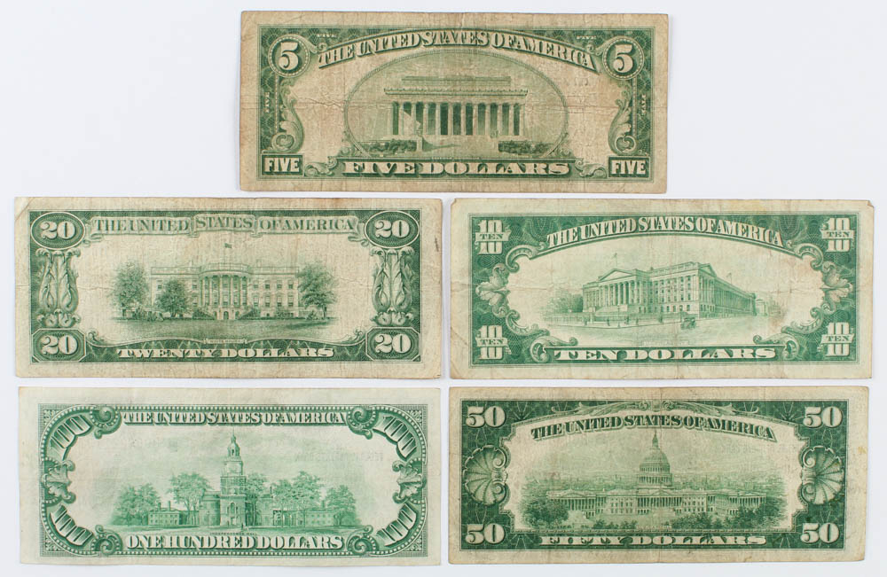Lot of (5) 1929 U.S. National Currency Bank Notes with $100, $50, $20 ...