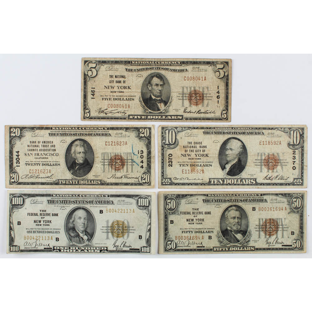 Lot of (5) 1929 U.S. National Currency Bank Notes with $100, $50, $20 ...