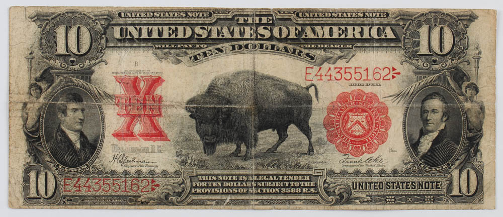 1901 'Bison' $10 Ten-Dollar Red Seal U.S. Legal Tender Large-Size Bank ...