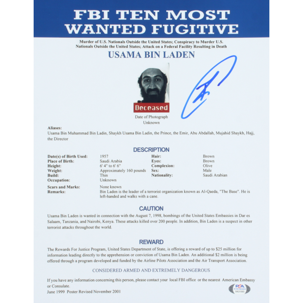 Robert J. O'Neill Signed "FBI Ten Most Wanted Fugitives" 11x14 Photo ...