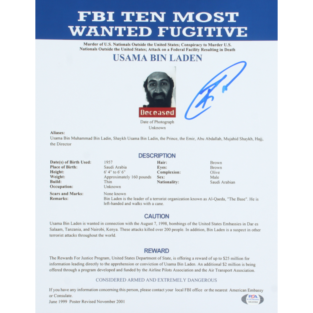 Robert J. O'Neill Signed "FBI Ten Most Wanted Fugitives" 11x14 Photo ...